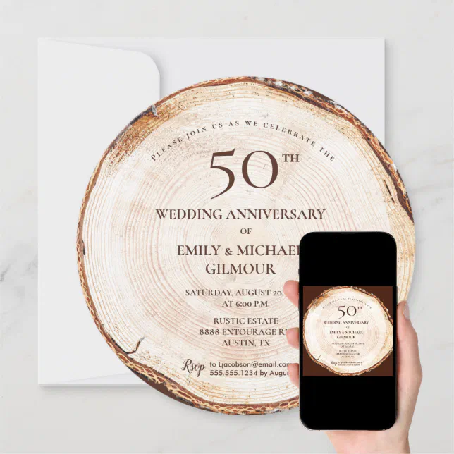 50th Wedding Anniversary Custom Photo Rustic Wood Invitation | Zazzle