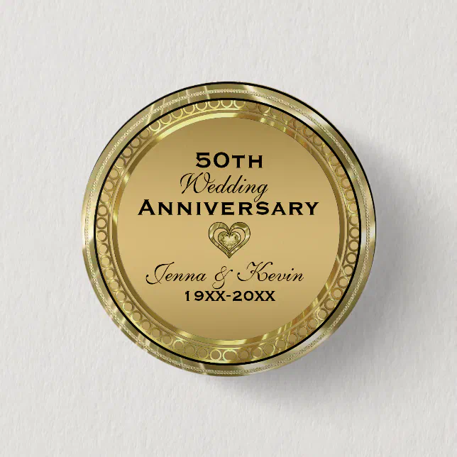 50th Wedding Anniversary Gold& Black Pinback Button | Zazzle