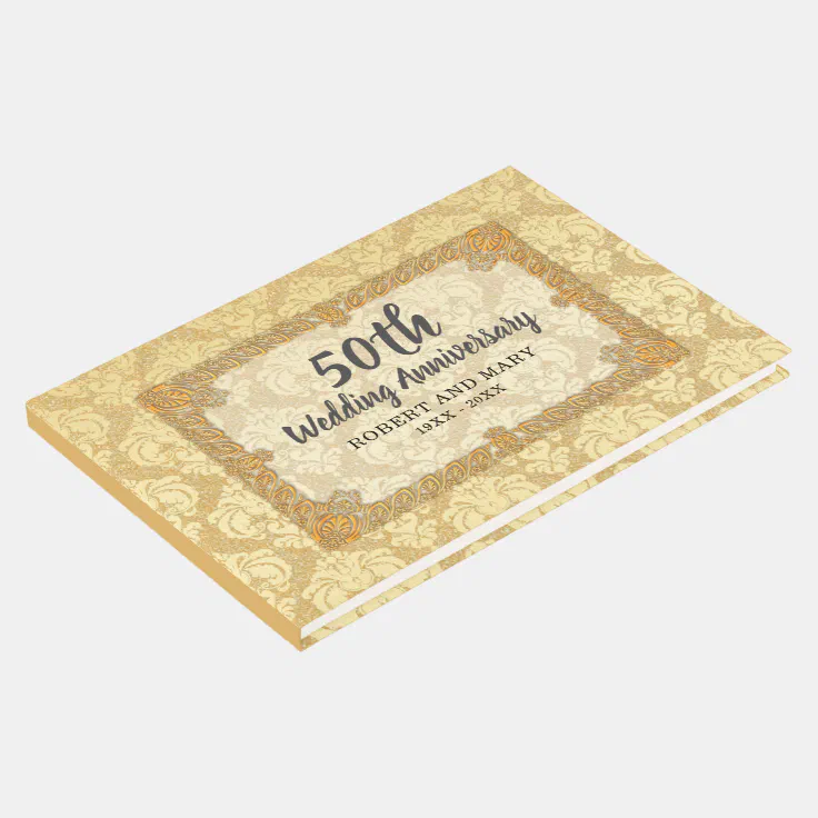 50th Wedding Anniversary Gold Damask Personalized Guest Book | Zazzle