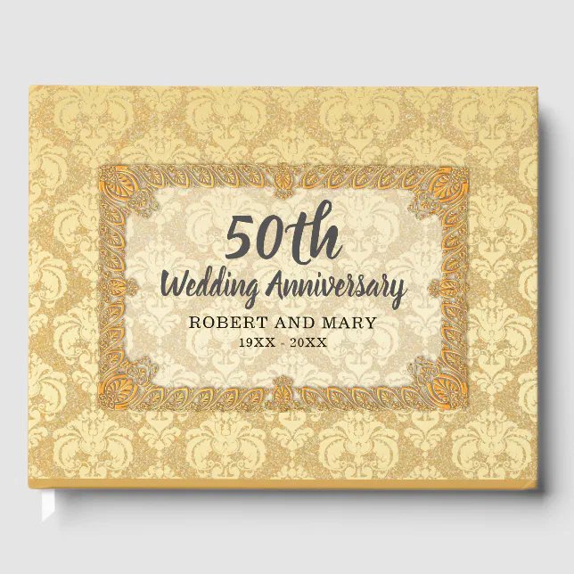 50th Wedding Anniversary Gold Damask Personalized Guest Book | Zazzle
