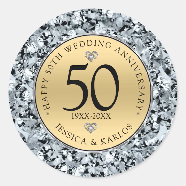 50th wedding anniversary gold & diamonds classic round sticker | Zazzle
