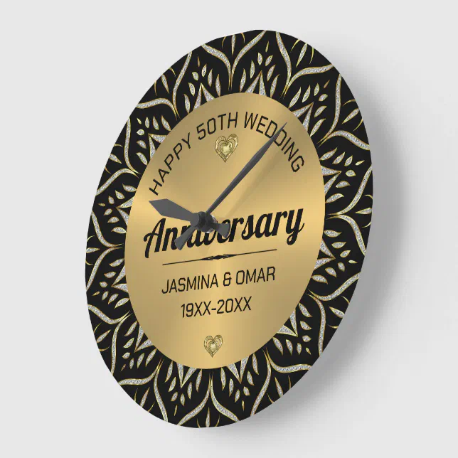 50th Wedding Anniversary Gold & Diamonds Large Clock | Zazzle