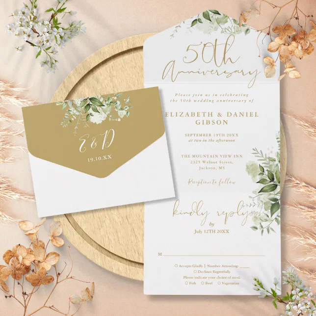 50th Wedding Anniversary Gold Script Floral All In One Invitation | Zazzle