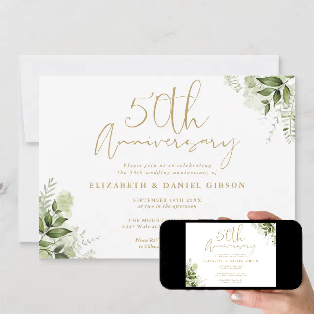 50th Wedding Anniversary Gold Script Floral Invitation | Zazzle
