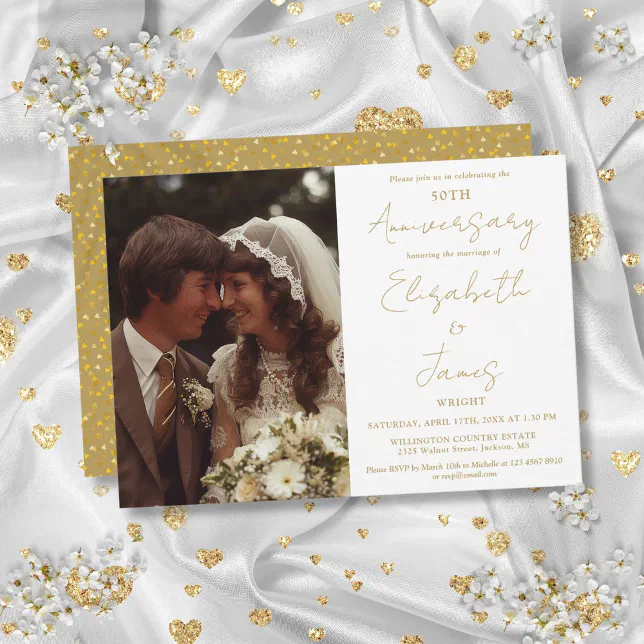 50th Wedding Anniversary Gold Script Photo Wedding Invitation | Zazzle