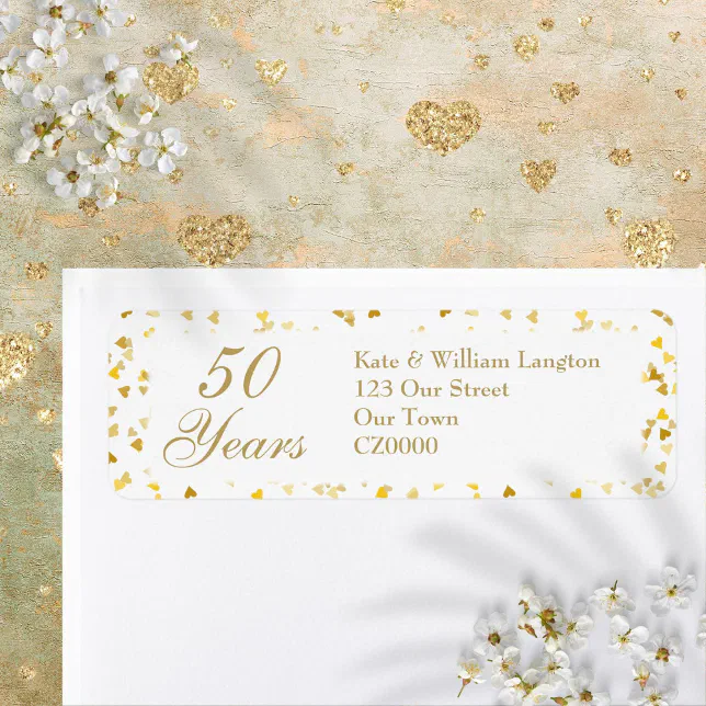 50th Wedding Anniversary Golden Hearts Confetti Label | Zazzle