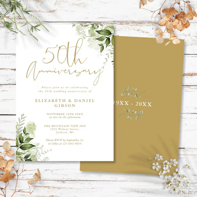 50th Wedding Anniversary Greenery Gold Script Invitation | Zazzle
