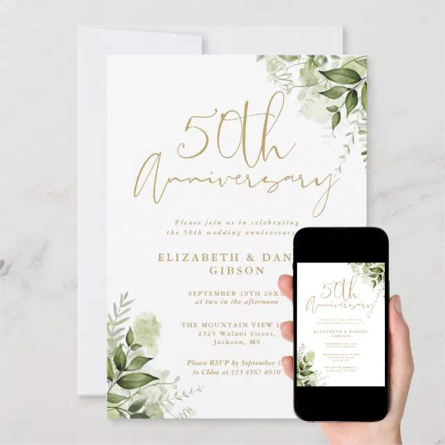 50th Wedding Anniversary Greenery Gold Script Invitation | Zazzle