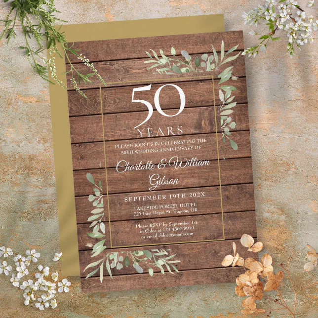 50th Wedding Anniversary Greenery Rustic Wood Invitation | Zazzle