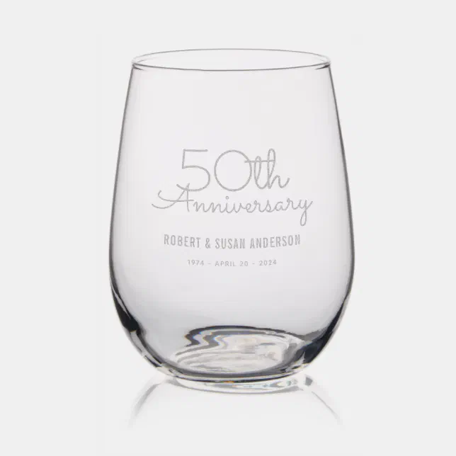 50th Wedding Anniversary Modern Script Stemless Wine Glass | Zazzle