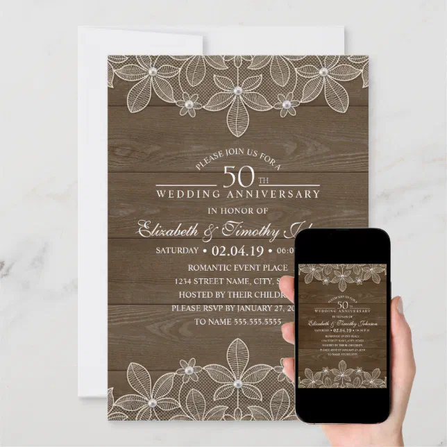 50th Wedding Anniversary Rustic Wood Country Lace Invitation | Zazzle