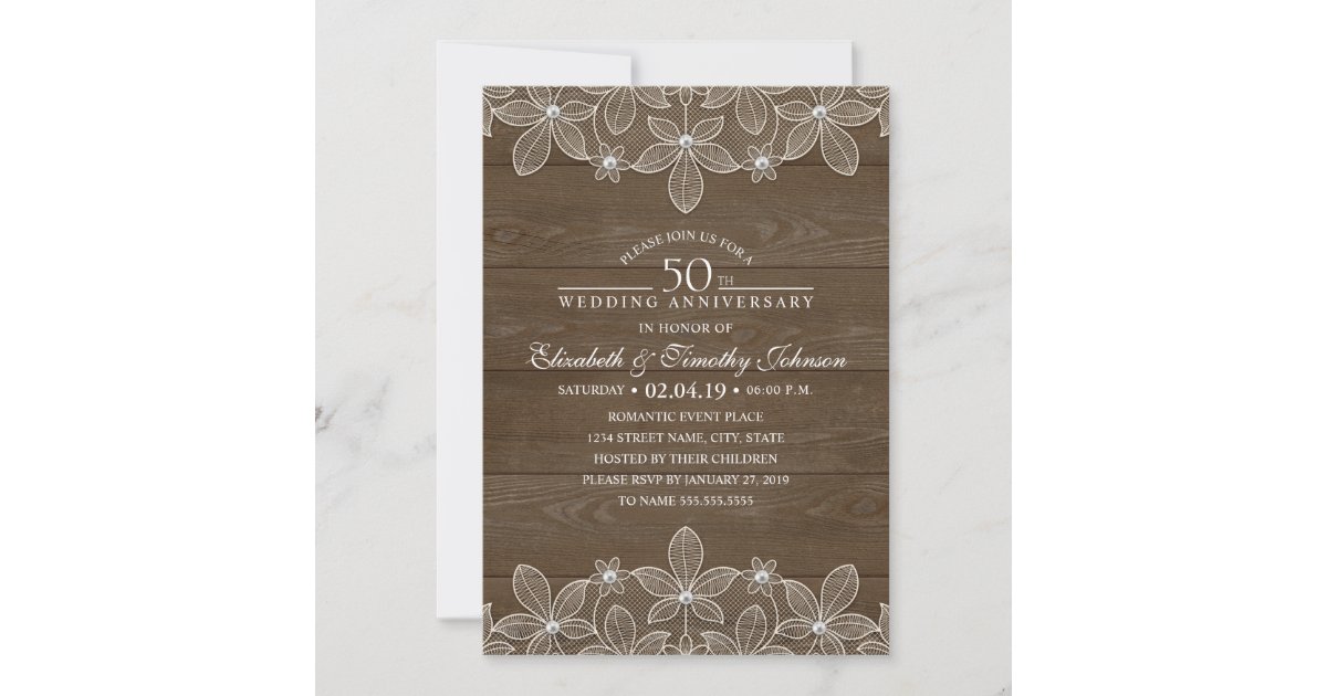 50th Wedding Anniversary Rustic Wood Country Lace Invitation | Zazzle