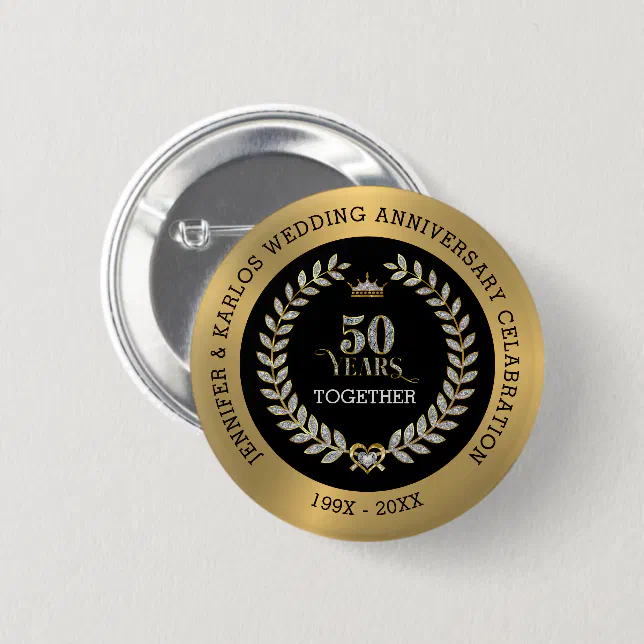 50th wedding Anniversary Sparkling Laurel Wreath Button | Zazzle