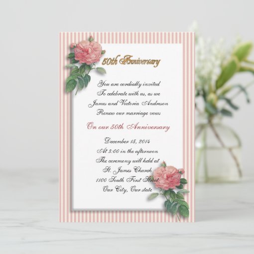 50th Wedding anniversary vow renewal pink roses Invitation | Zazzle