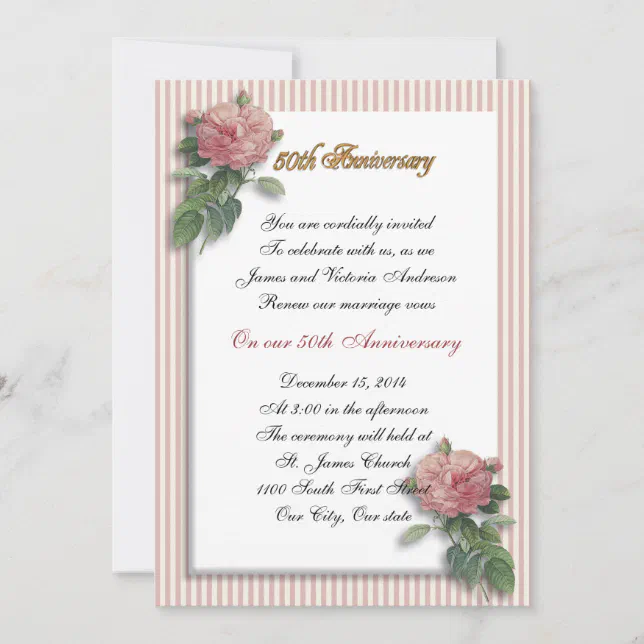 50th Wedding anniversary vow renewal pink roses Invitation | Zazzle