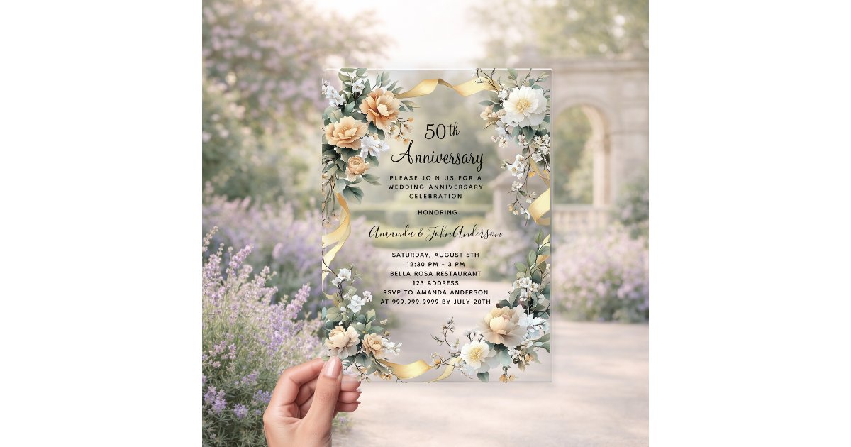 50th wedding anniversary yellow florals golden acrylic invitations | Zazzle