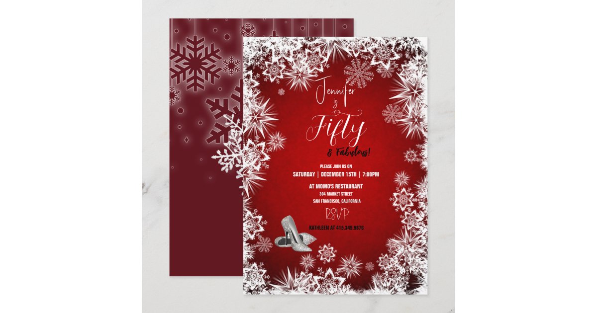 50th Winter Birthday Party Red Snowflakes Invitation | Zazzle