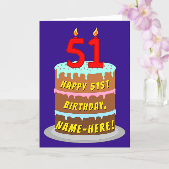 51st Birthday: Fun Cake and Candles + Custom Name Card | Zazzle