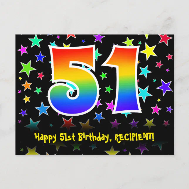51st Birthday: Fun Stars Pattern, Rainbow 51, Name Postcard | Zazzle