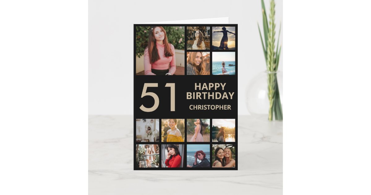 51st Birthday Photo Collage 13 Photos Black & Gold Card | Zazzle