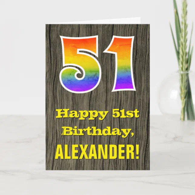 51st Birthday: Rustic Faux Wood Look, Rainbow "51" Card | Zazzle