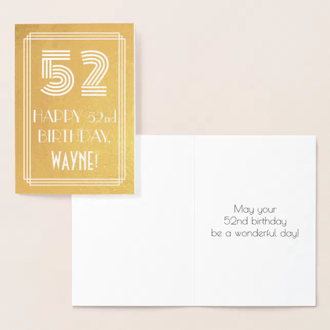 52nd Birthday – Art Deco Inspired Look "52" + Name Foil Card | Zazzle