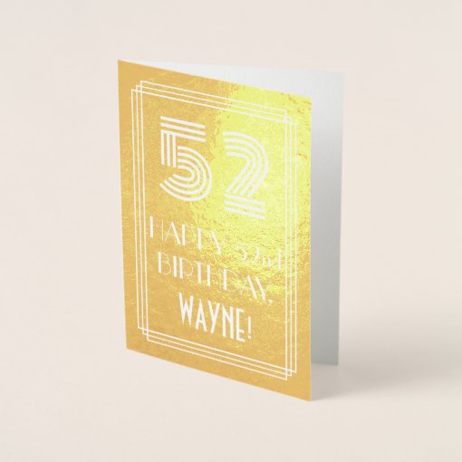 52nd Birthday – Art Deco Inspired Look "52" + Name Foil Card | Zazzle
