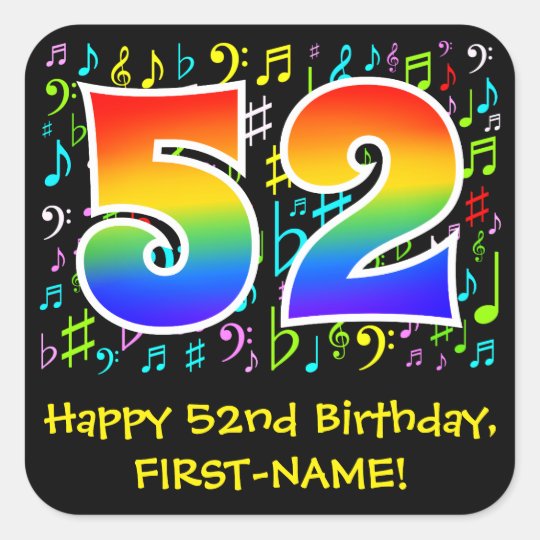 52nd Birthday: Colorful Music Symbols, Rainbow 52 Square Sticker ...