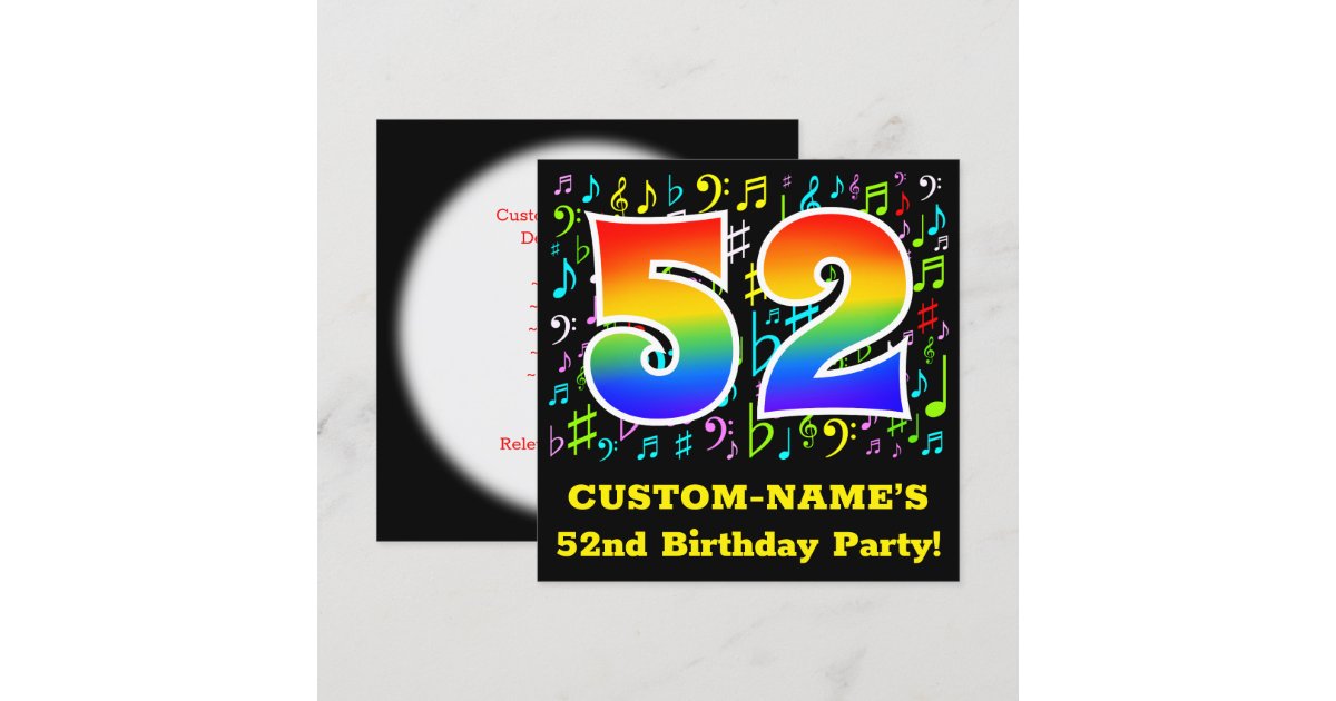 52nd Birthday Party: Fun Music Symbols, Rainbow 52 Invitation | Zazzle