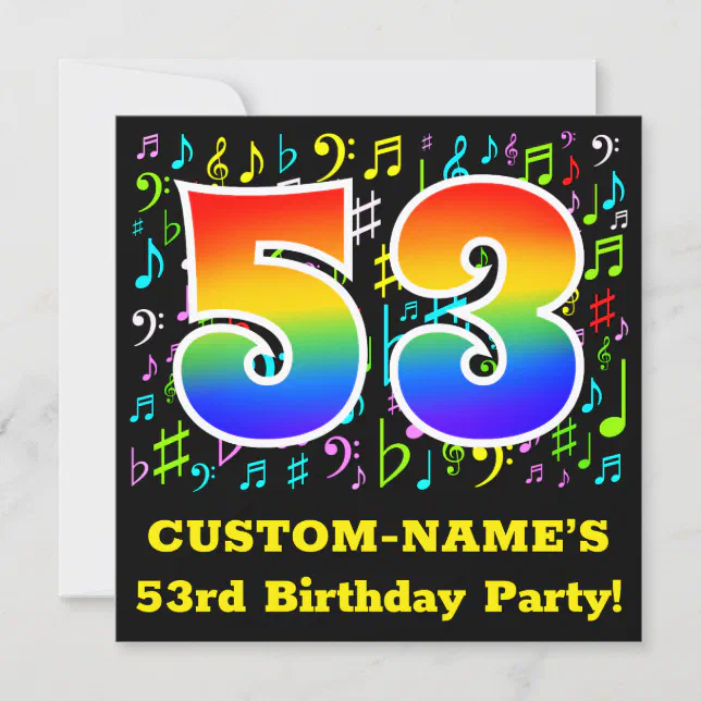 53rd Birthday Party: Fun Music Symbols, Rainbow 53 Invitation | Zazzle