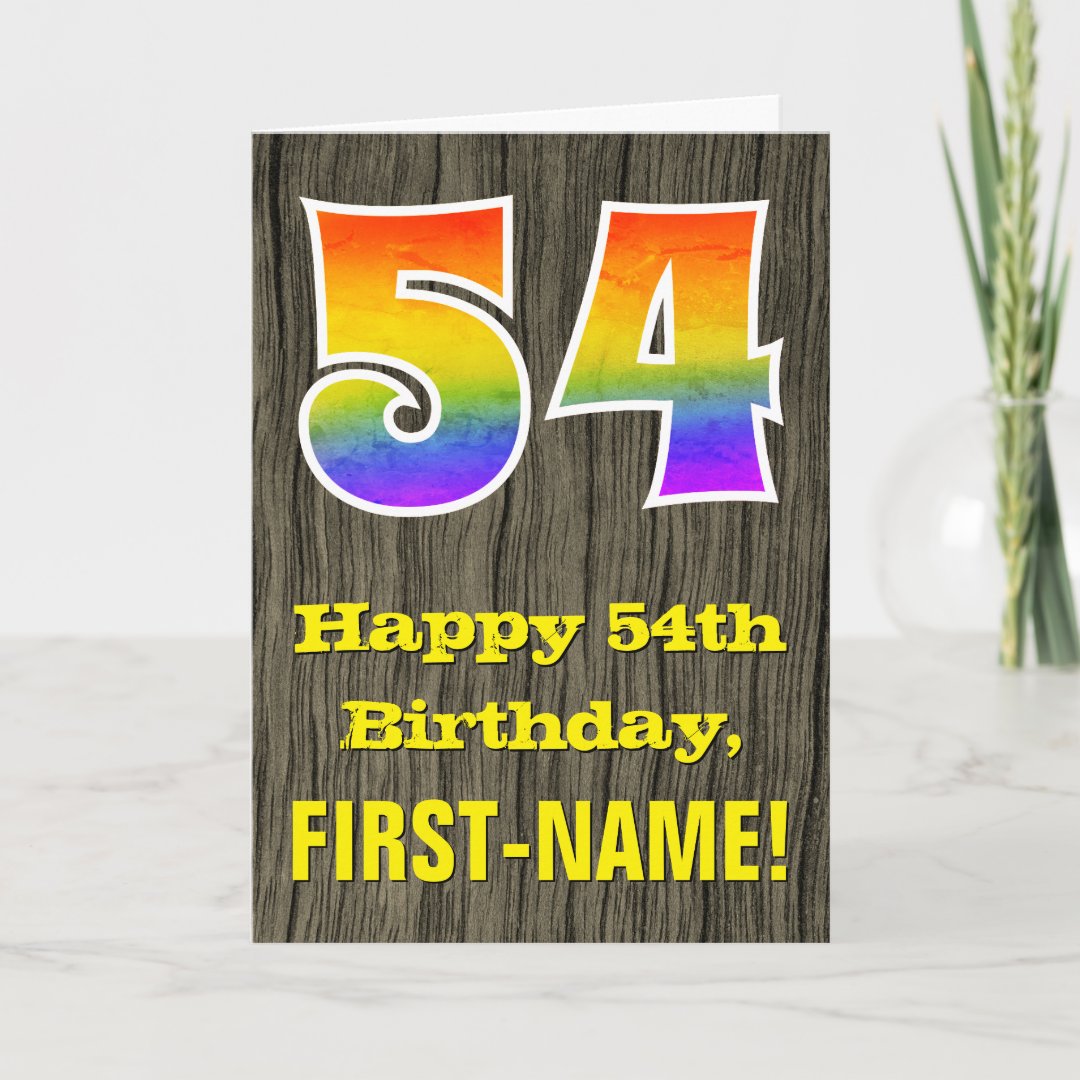 54th Birthday: Rustic Faux Wood Look, Rainbow "54" Card | Zazzle