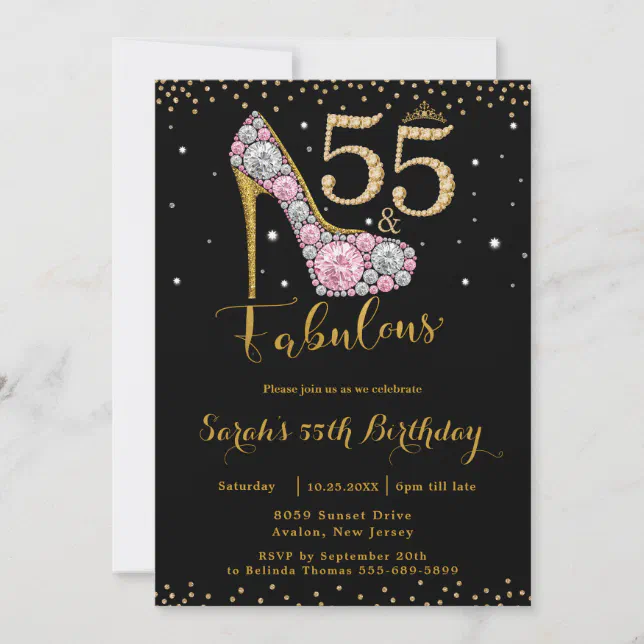 55 and Fabulous High Heel Diamonds 55th Birthday Invitation | Zazzle