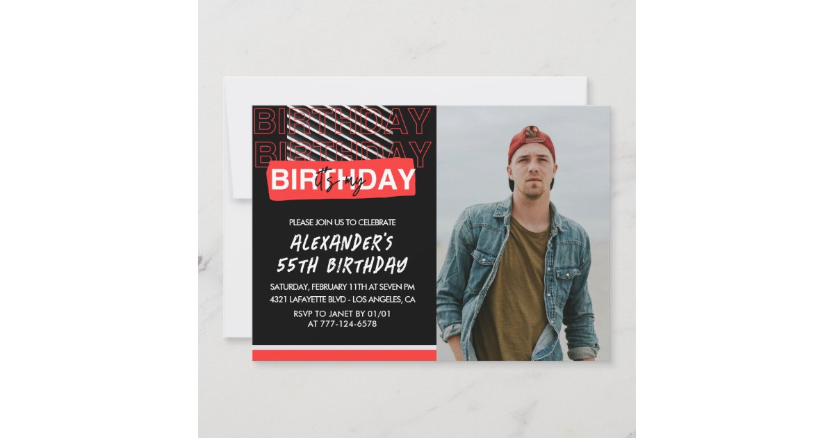 55th birthday invitations Men Party Photo Red | Zazzle