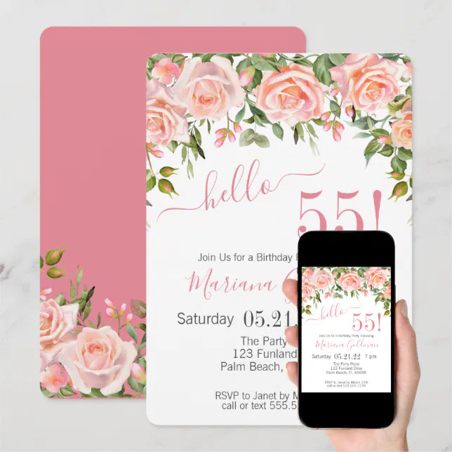 55th Birthday Invitations Pink Floral Modern Party | Zazzle