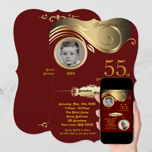 55th,Birthday Man age, art deco,Bordeaux gold Invitation | Zazzle