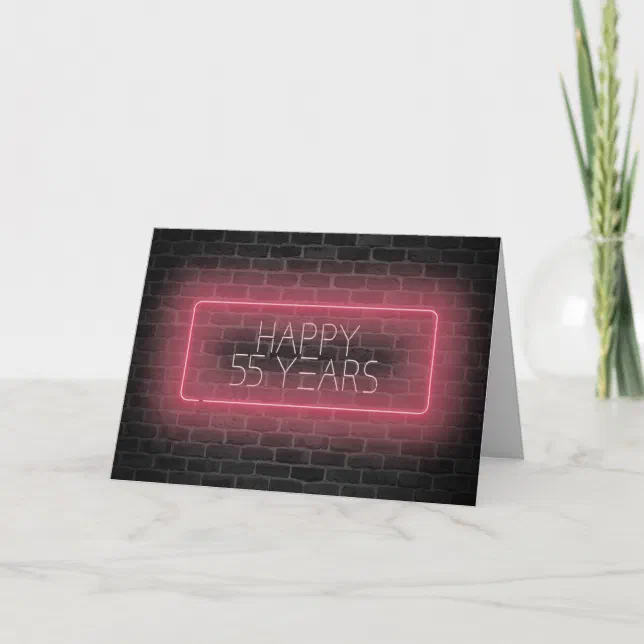 55th birthday neon sign on brick card | Zazzle