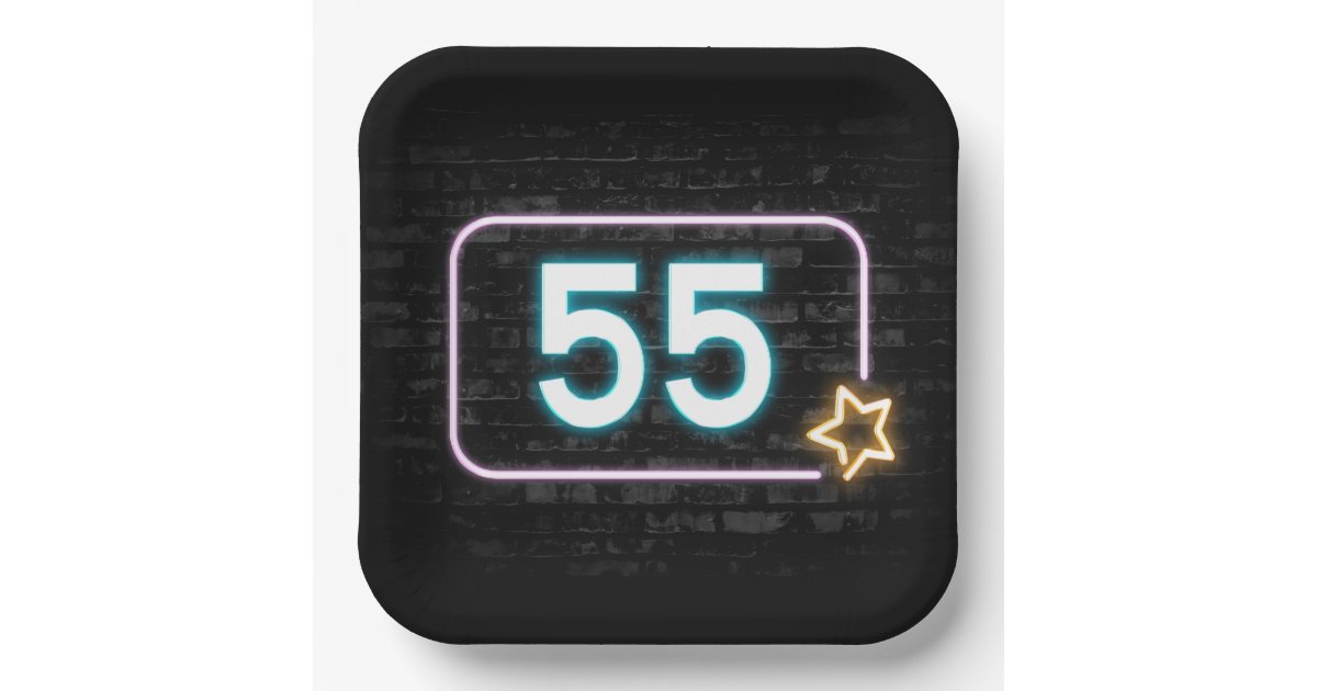 55th Birthday Neon Sign On Brick Paper Plates | Zazzle