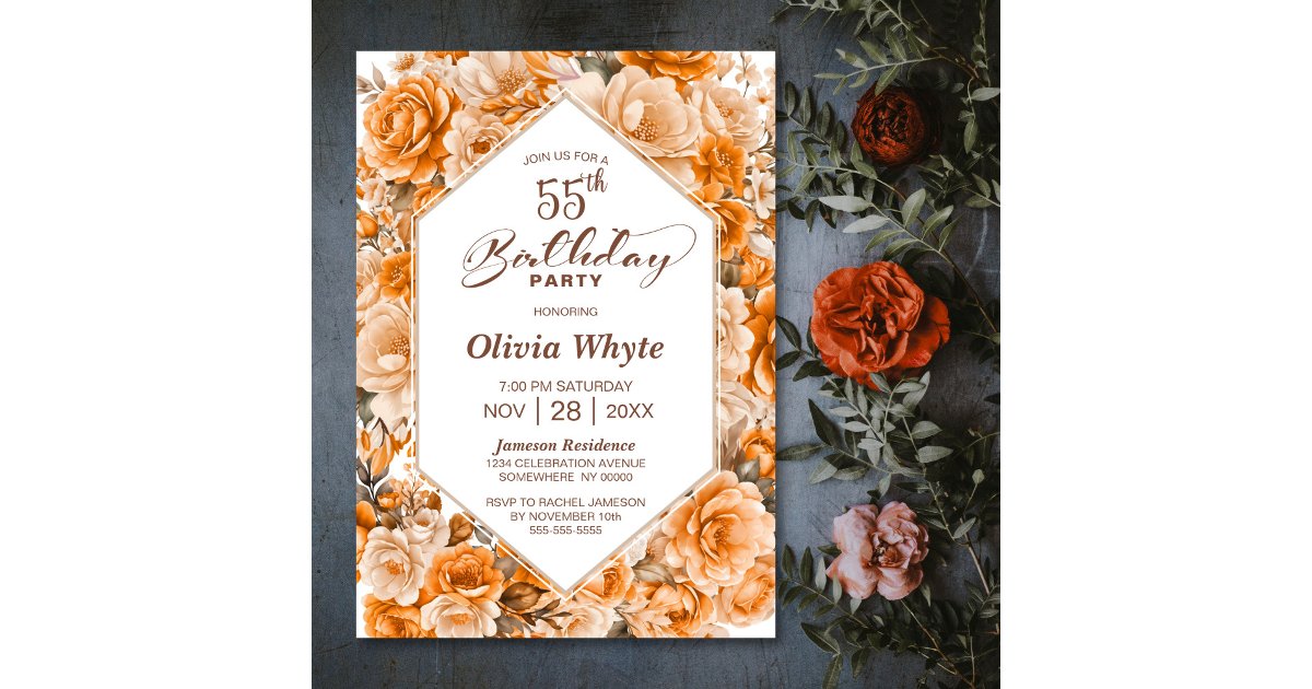 55th Birthday Orange Rose Floral Party Invitation | Zazzle