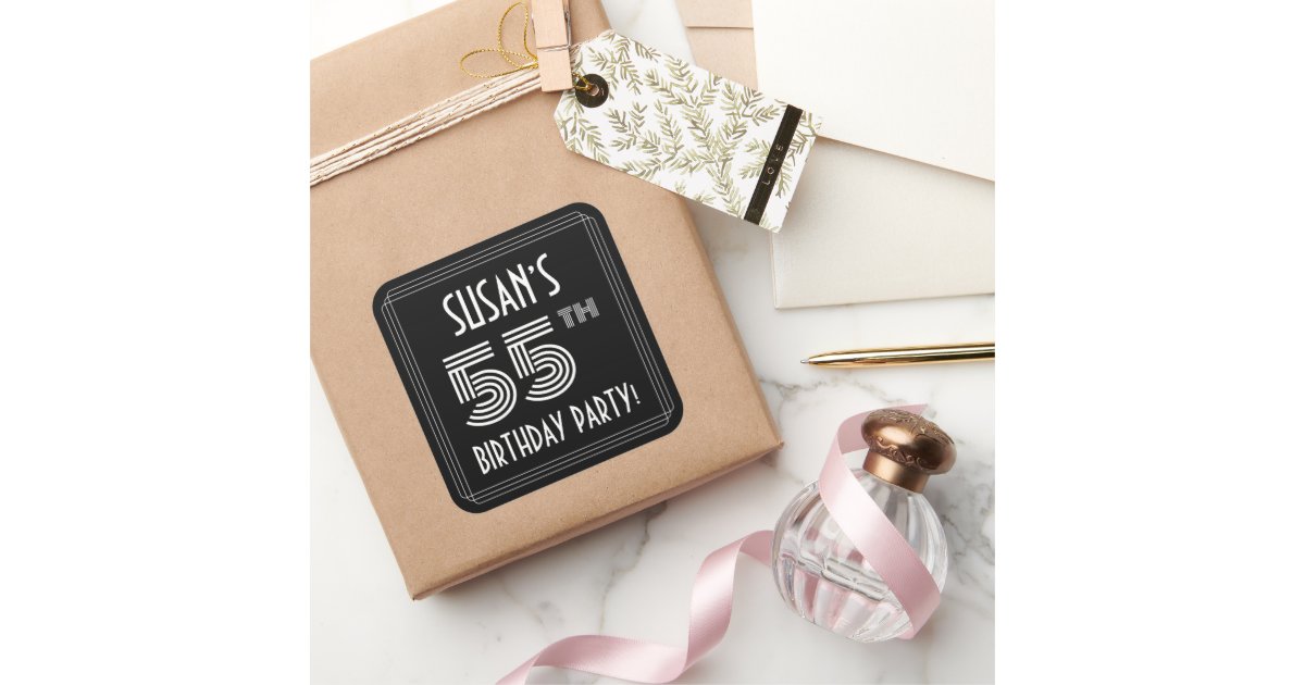 55th Birthday Party: Art Deco Style & Custom Name Square Sticker | Zazzle