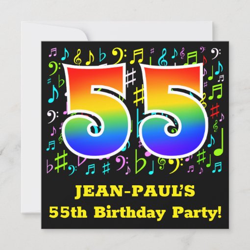 55th Birthday Party: Fun Music Symbols, Rainbow 55 Invitation | Zazzle