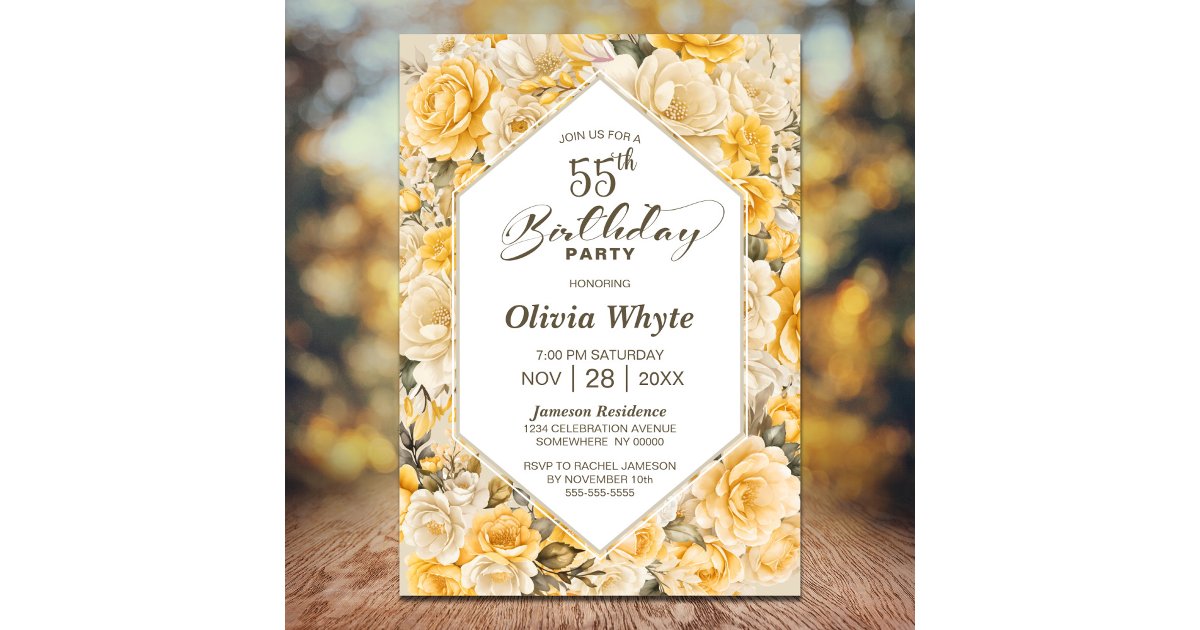 55th Birthday Yellow Rose Floral Party Invitation | Zazzle