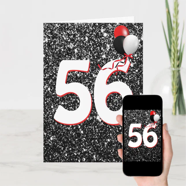 56th Birthday Balloons on Black Glitter Card | Zazzle