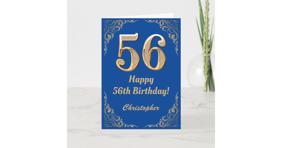 56th Birthday Blue and Gold Glitter Frame Card | Zazzle