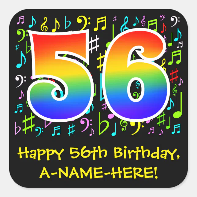 56th Birthday: Colorful Music Symbols, Rainbow 56 Square Sticker | Zazzle