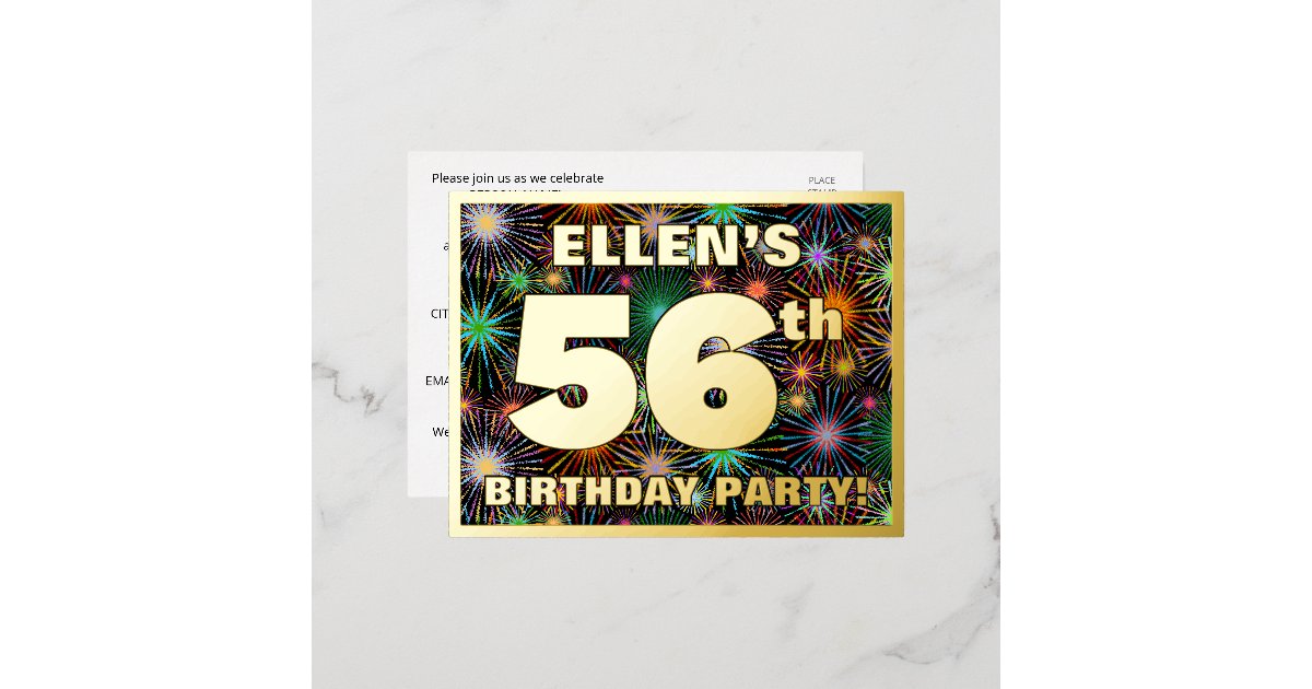 56th Birthday Party: Bold, Colorful Fireworks Look Foil Invitation ...