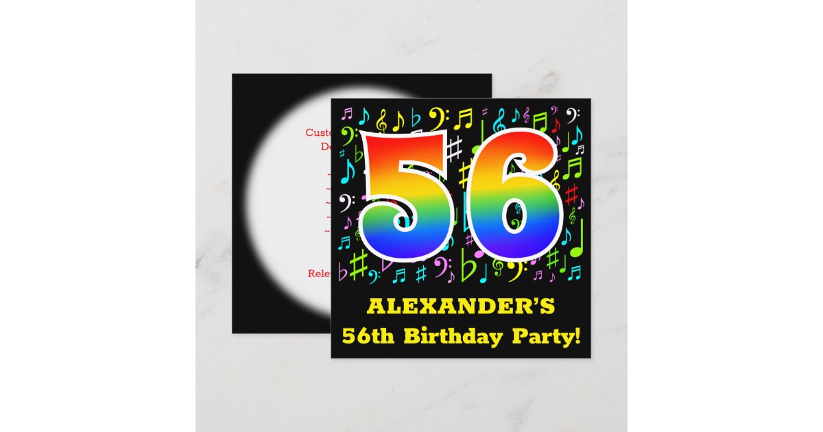 56th Birthday Party: Fun Music Symbols, Rainbow 56 Invitation | Zazzle