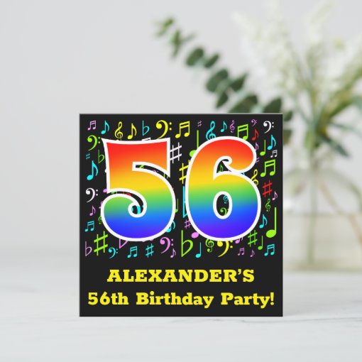 56th Birthday Party: Fun Music Symbols, Rainbow 56 Invitation | Zazzle