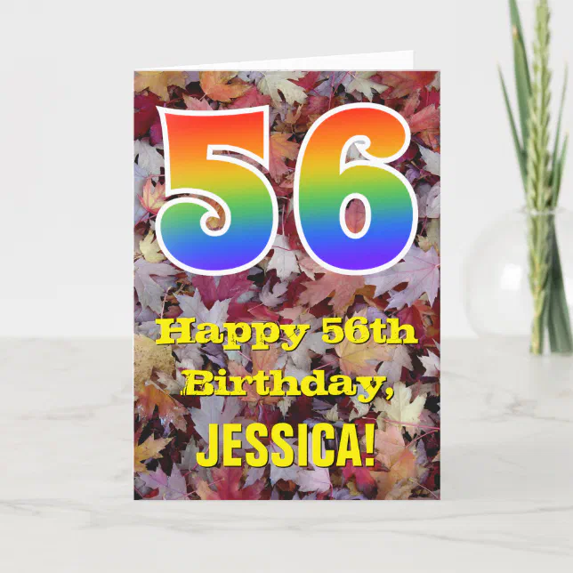 56th Birthday; Rustic Autumn Leaves; Rainbow "56" Card | Zazzle