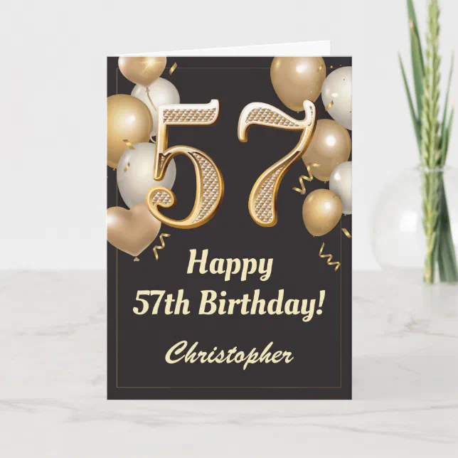57th Birthday Black and Gold Balloons Confetti Card | Zazzle