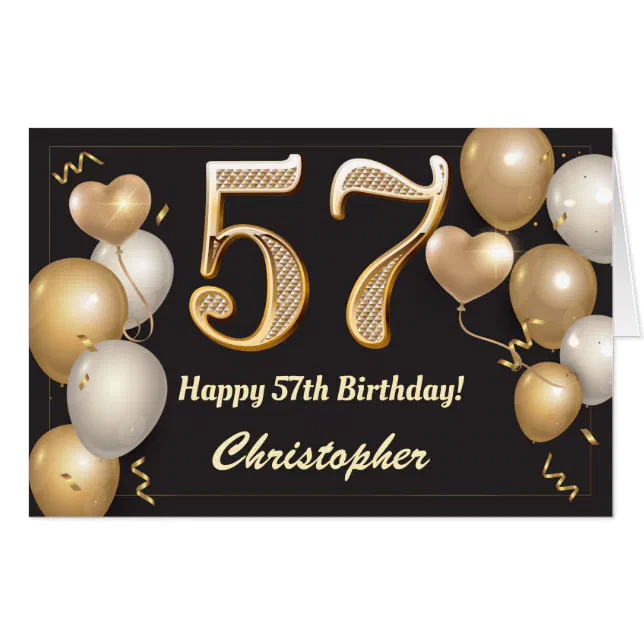 57th Birthday Black and Gold Balloons Extra Large Card | Zazzle
